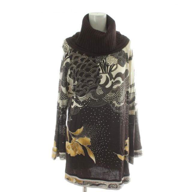 【中古】レオナール LEONARD カットソー 長袖 ニット切替 タートルネック ウール L ブラウン 総柄 0369307 /PP