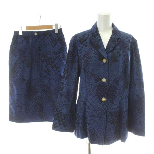 【中古】未使用品 レオナール LEONARD セットアップ ジャケット スカート 絹 シルク 11AR ネイビー 紺色 総柄 膝丈