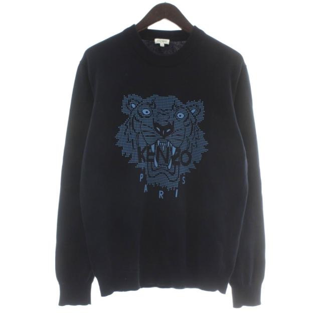 【中古】ケンゾー KENZO ニット セーター 長袖 クルーネック 浮き彫り トラ タイガー ロゴ M 紺 ネイビー /XZ ■GY18