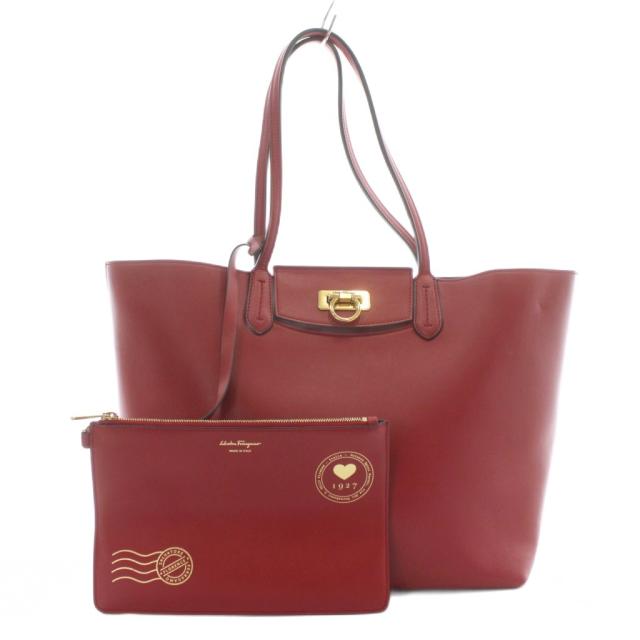 【中古】Salvatore Ferragamo トートバッグ ワンショルダー レザー ロゴ ゴールド金具 ポーチ付き 赤