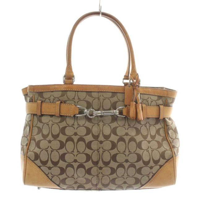 【中古】コーチ COACH トートバッグ ハンド キャンバス レザー シグネチャー 総柄 ベージュ 茶色 ブラウン F08K07