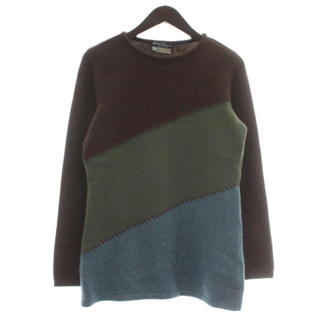 【中古】Salvatore Ferragamo ニット セーター ウール カシミヤ混 長袖 クルーネック S 茶色 緑 青
