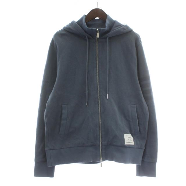 【中古】THOM BROWNE ダブルフェイス ニット パーカー フーディー 長袖 ジップアップ 3 L 青 MJT382A-07545-440
