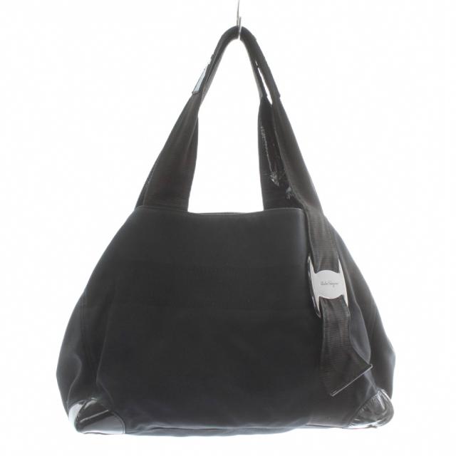【中古】サルヴァトーレフェラガモ Salvatore Ferragamo ヴァラリボン ハンドバッグ トート キャンバス エナメル 黒