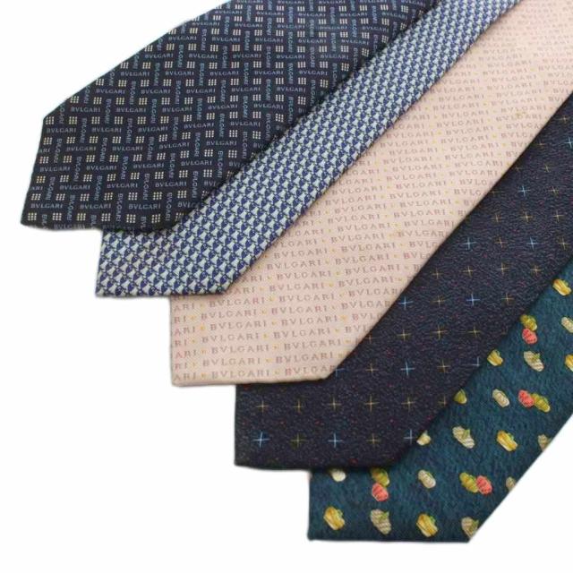 【中古】ブルガリ BVLGARI ネクタイ 5本セット 絹 シルク レギュラータイ ワイドタイ 総柄 ロゴ 紺 青 ピンク