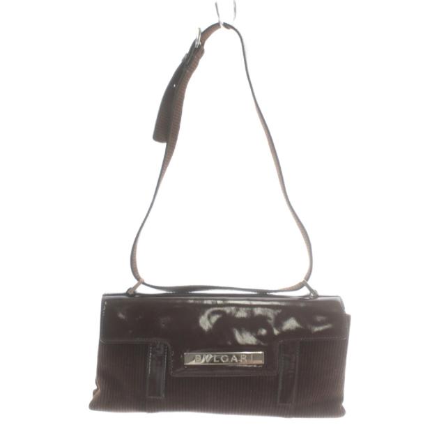 【中古】ブルガリ BVLGARI ハンドバッグ ワンショルダー コーデュロイ エナメル ロゴプレート シルバー金具 茶色