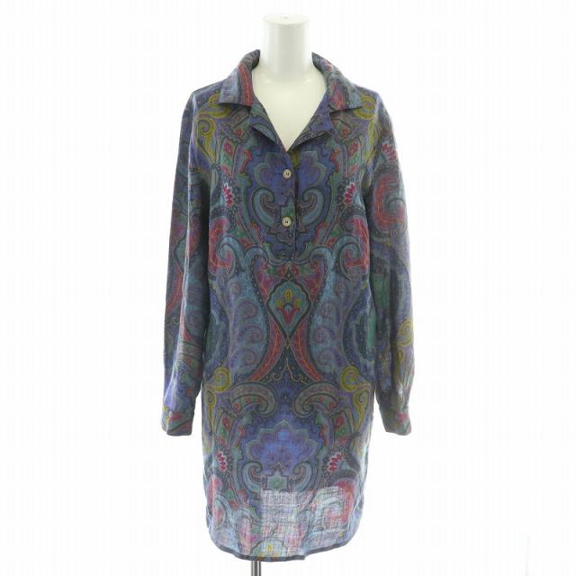 【中古】エトロ プルオーバー シャツワンピース 長袖 ロング ウール シルク混 ペイズリー 総柄 38 S マルチカラー 紫