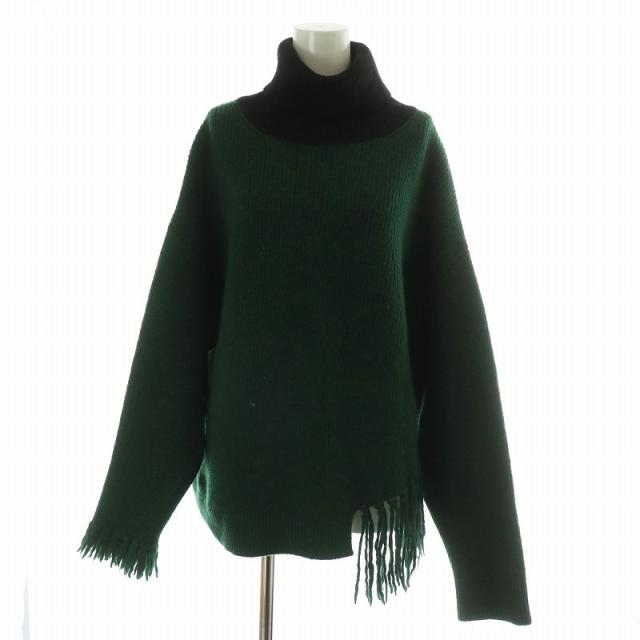 【中古】CULLNI Asymmetrical Fringe Turtleneck Knit ニット セーター ウール 長袖 ハイネック 0 S 緑 黒 22-AW-040