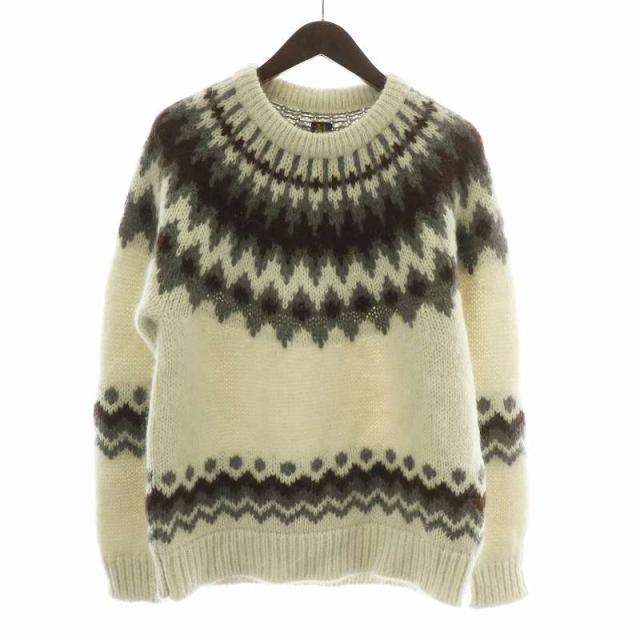 【中古】バトナー BATONER 20AW ノルディック ニット セーター ウール モヘヤ アルパカ 長袖 総柄 1 S 白 茶 グレ