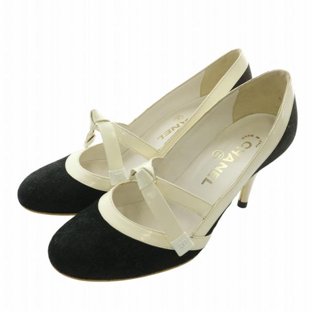 【中古】シャネル CHANEL パンプス スエード エナメル ラウンドトゥ ハイヒール ココマーク 36 23cm 紺 白