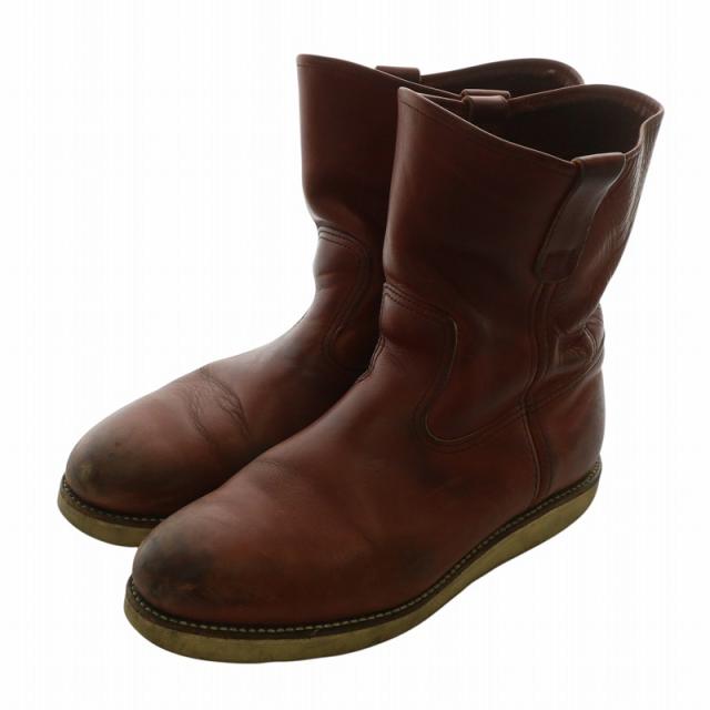 【中古】レッドウィング REDWING 90s 四角犬タグ ペコスブーツ ショート レザー ラウンドトゥ ロゴ 9.5 27.5cm 茶
