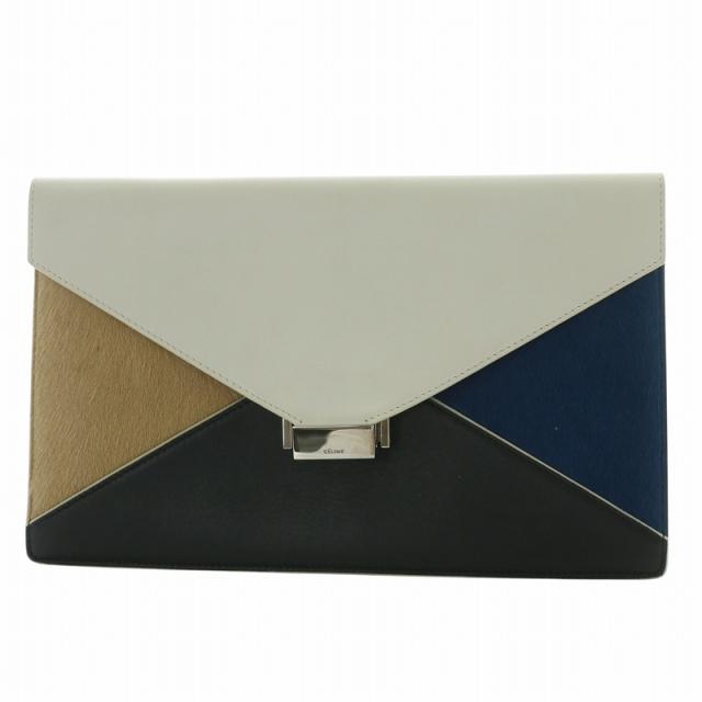 【中古】セリーヌ CELINE ダイアモンドクラッチ クラッチバッグ セカンドバッグ ハラコ レザー ロゴ 白 ホワイト