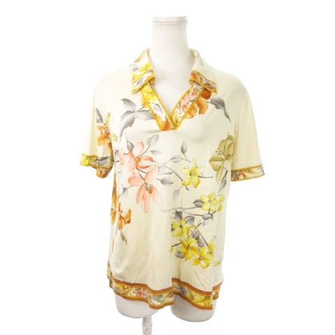 【中古】レオナール LEONARD カットソー スキッパー シャツ プルオーバー 半袖 花柄 総柄 大きいサイズ LL ベージュ