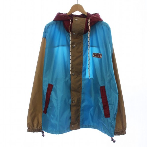 【中古】グッチ 23SS フーデッドジャケット マウンテンパーカー バイカラー 薄手 ロゴワッペン ナイロン 48 XL