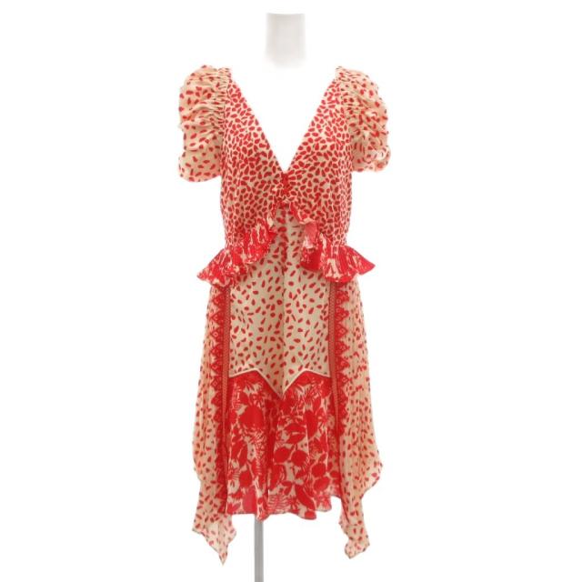 【中古】セルフポートレイト ドット サテン プリント ドレス ワンピース フリル レース半袖 Vネック ロング 赤 白