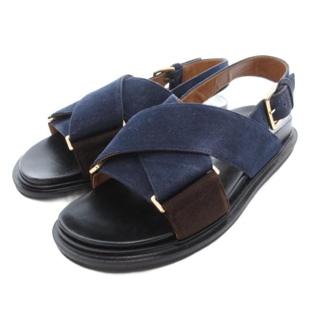 【中古】マルニ MARNI Fussbett フスベットサンダル クロスベルト ストラップ 紺 ネイビー 黒 ブラック FBMS005201