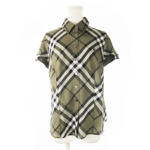 【中古】バーバリー ロンドン シャツ レギュラー 半袖 透け感 ノバチェック ロゴ刺繍 ロールアップ 44 L 緑 カーキ