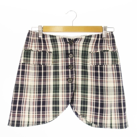 【中古】未使用品 インク EENK OPEN FRONT SKIRT BELT オープンフロントスカート ミニ チェック XS 紺