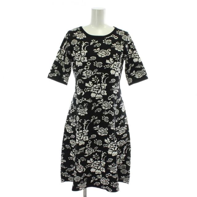 【中古】スーパービューティー Super Beauty ワンピース 半袖 ひざ丈 クルーネック 花柄 総柄 40 M 黒 白