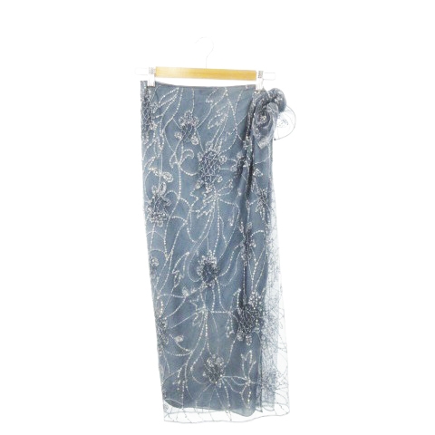 【中古】ポロ ラルフローレン ロングスカート タイト サイドリボン メッシュ 刺繍 ビーズ スパンコール 総柄 XS 青