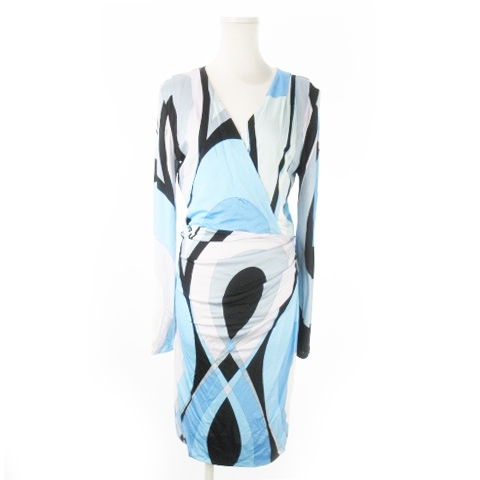 【中古】エミリオプッチ カシュクールワンピース ミモレ 長袖 ストレッチ とろみ ギャザー プッチ柄 総柄 44 M 青