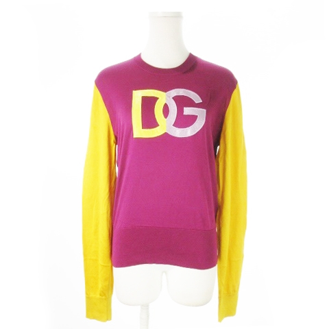 【中古】ドルチェ&ガッバーナ 長袖ニット セーター クルーネック 切替 配色 ロゴ 大きいサイズ 46 LL 紫 パープル