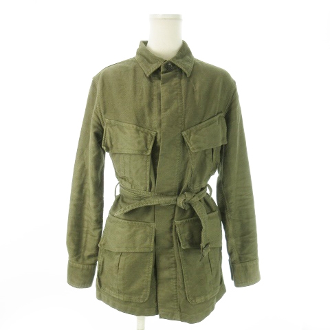 【中古】ドゥロワー Drawer ミリタリージャケット シャツジャケット 麻 リネン混 ベルト 38 M 緑 カーキ /AO12