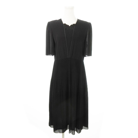 【中古】東京ソワール TOKYO SOIR ブラック フォーマル ロング ワンピース 五分袖 刺繍 切替 プリーツ 11 黒 ブラック