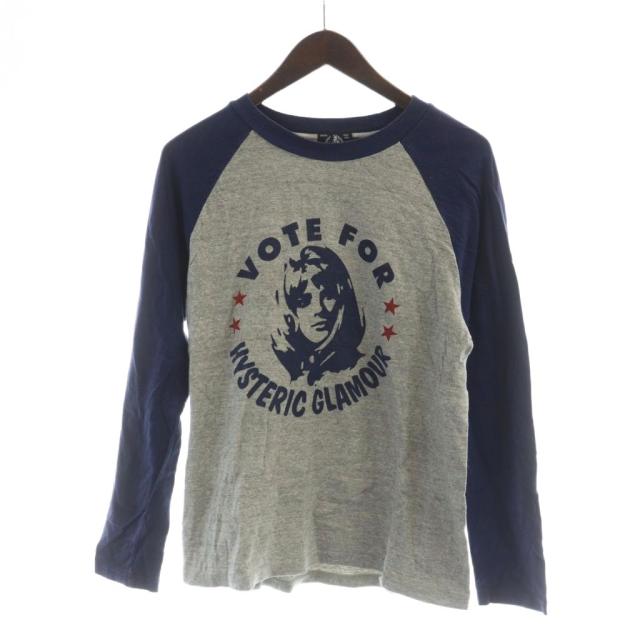 【中古】ヒステリックグラマー HYSTERIC GLAMOUR ラグランTシャツ カットソー 長袖 プリント ロゴ S グレー 紺