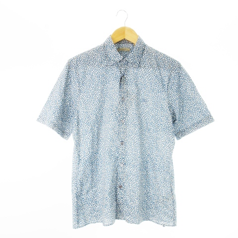 【中古】未使用品 バーバリーブリット BURBERRY BRIT 半袖シャツ レギュラー シェルボタン 小花柄 ロゴ刺繍 M 青
