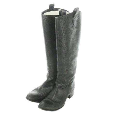 【中古】グッチ GUCCI ロングブーツ ミドルヒール アーモンドトゥ グレインレザー 革 36.5 23.5cm 黒 ブラック