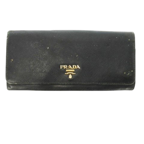 【中古】プラダ PRADA 長財布 ロングウォレット 小銭入れあり サフィアーノレザー 革 フラップ ロゴ 黒 ブラック