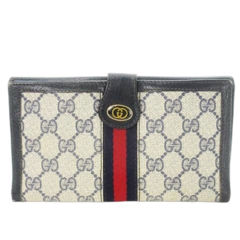 【中古】GUCCI オールドグッチ GGスプリーム 長財布 ロング ウォレット シェリーライン インターロッキング レザー 青