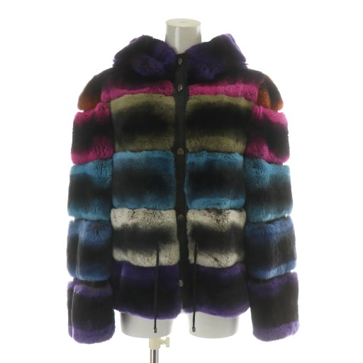 【中古】adagietto ファーコート ハーフ ミドル レザー 皮革 ラビットファー 毛皮 染毛 フード M-L マルチカラー