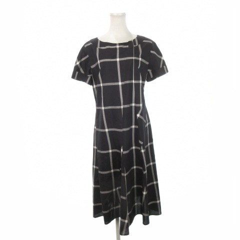 【中古】チヴィディーニ CIVIDINI ワンピース ひざ丈 半袖 シルク混 絹 チェック 総柄 42 黒 ブラック /AH14 ■GY99
