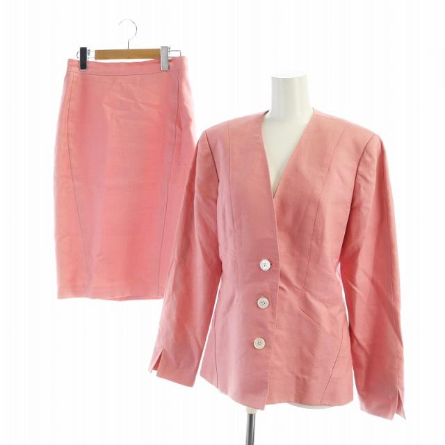 【中古】エルメス HERMES スーツ セットアップ 上下 ノーカラージャケット タイトスカート 麻 リネン 長袖 シングル