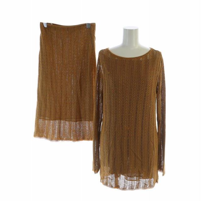 【中古】ロエベ LOEWE セットアップ 上下 カットソー フレアスカート ニット ヘリンボーン ロゴ 長袖 S M 茶