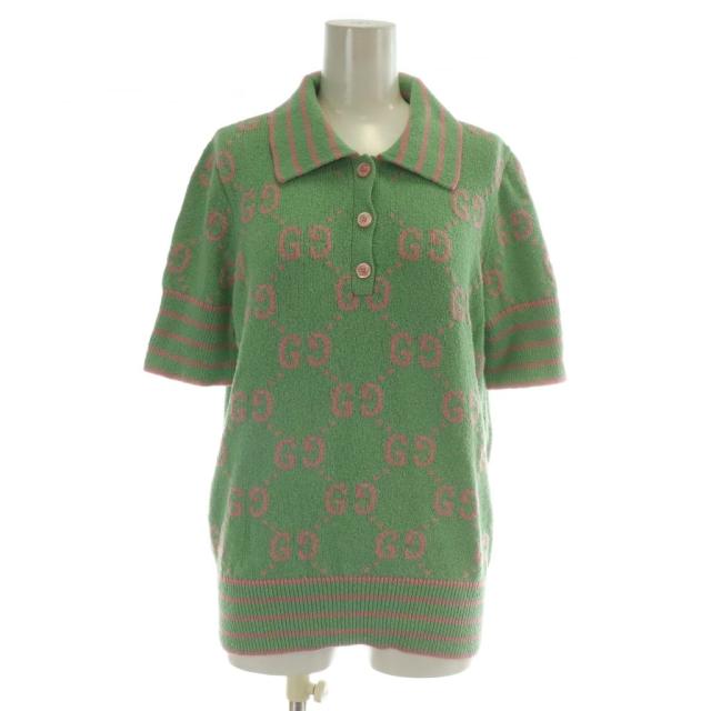 【中古】グッチ GUCCI ポロシャツ ニット 半袖 GGジャガード 総柄 L 緑 グリーン ピンク /XZ ☆AA★ レディース
