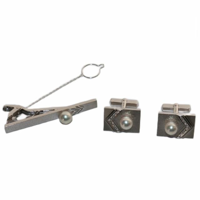 【中古】Takashimaya 高島屋 タイピン カフス 3点セット K14WG パール7mm ダイヤモンド 約12g ホワイトゴールド