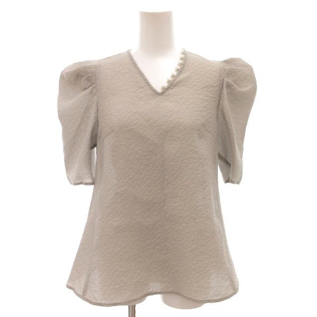 【中古】hue day to evening ヒュー・デイ・トゥ・イブニング 美品 カットソー Vネック パール装飾 半袖 36 グレー