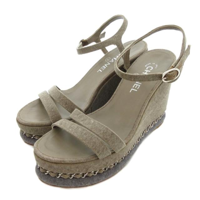 【中古】シャネル CHANEL ストラップサンダル ウェッジソール ココマーク チェーン 38.5 カーキ系 /UO レディース