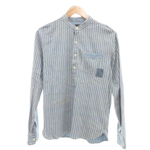 【中古】ダブルアールエル RRL リペア ヘンリーネック バンドカラーシャツ 麻 リネン ストライプ 長袖 XS 青 ブルー