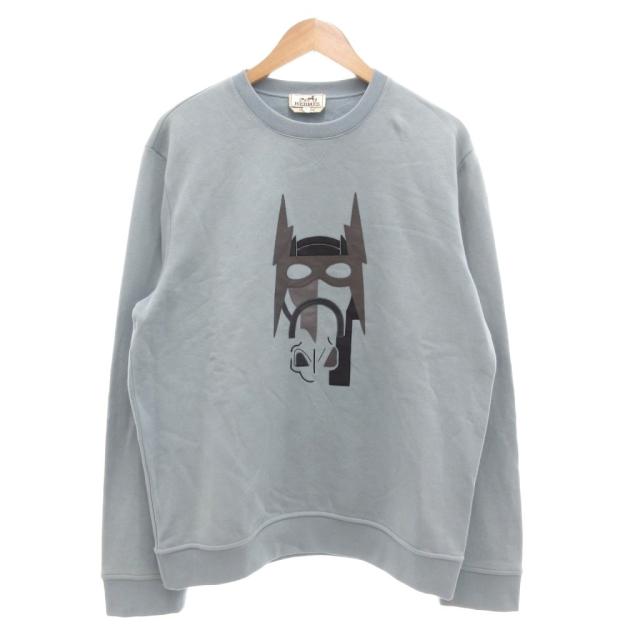 【中古】エルメス HERMES スウェットシャツ トレーナー 長袖 ホース レザーパッチ 裏起毛 L ペールブルー /UO