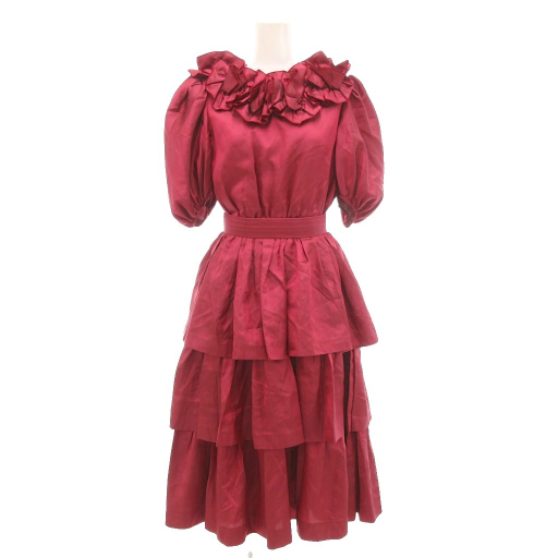 【中古】LUIS ESTEVEZ ドレス フリルワンピース 半袖 9 ワインレッド サテン ベルト付き /UO レディース