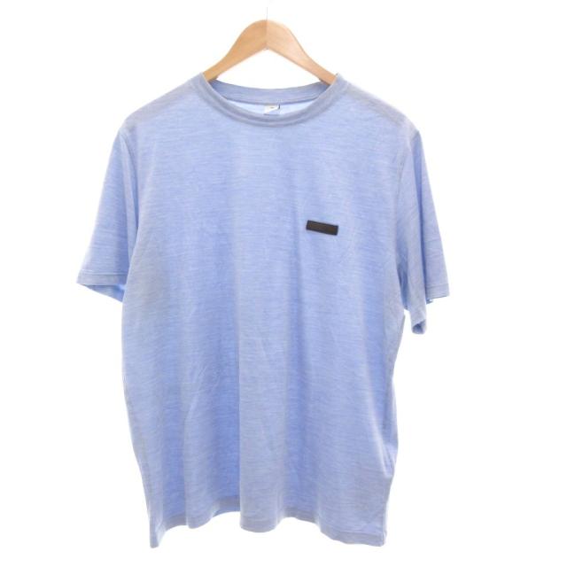 【中古】ベルルッティ Berluti レザータブ Tシャツ 絹 シルク 半袖 ロゴ L 杢ブルー /UO メンズ