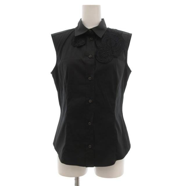 【中古】プラダ PRADA ノースリーブ ブラウス レースアップリケ 42 ブラック /UO レディース