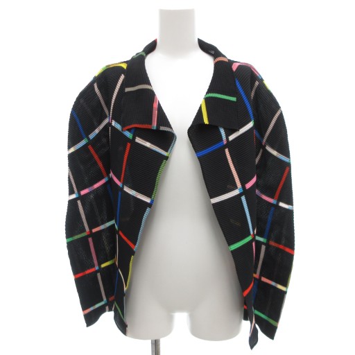 【中古】ミーイッセイミヤケ me ISSEY MIYAKE 美品 カーディガン チェック テクスチャー プリーツ 黒 ブラック /AE