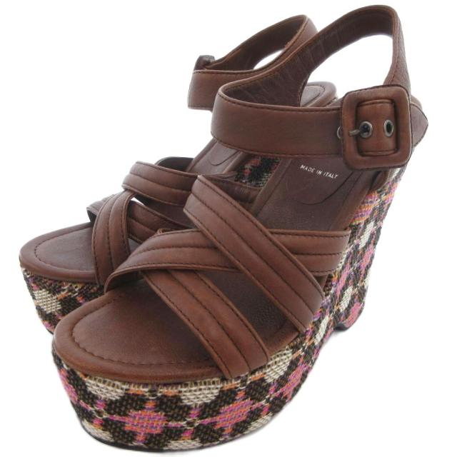 【中古】ミュウミュウ miumiu ウェッジソールサンダル ストラップ 厚底 ツイード 総柄 36 ブラウン /UO レディース