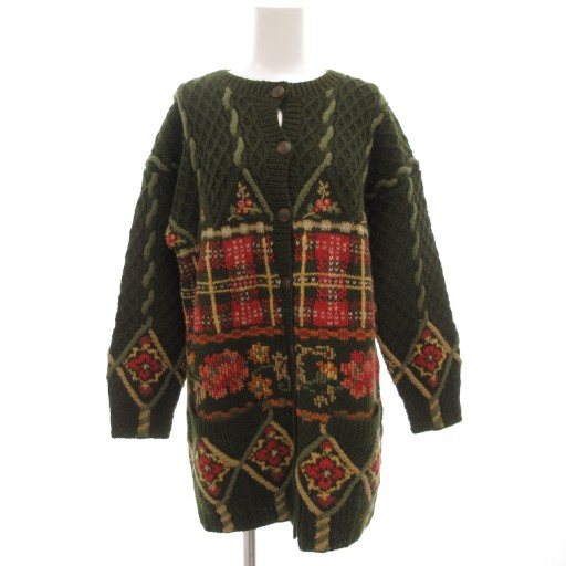 【中古】ローラアシュレイ LAURA ASHLEY ヴィンテージ ロングカーディガン ニット S 厚手 ローゲージ ウール 花柄