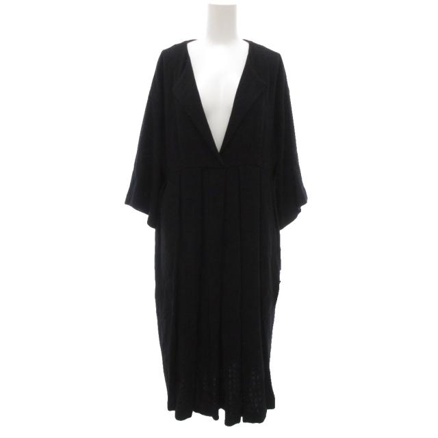 【中古】未使用品 コラム COLUMN タグ付き オープンフロントネック クラシカル タックワンピース リネン混 長袖